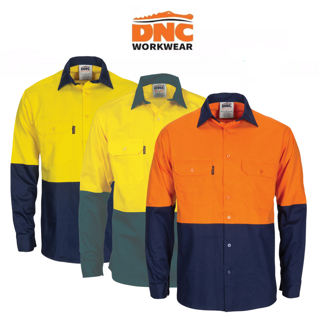 DNC Mens Safety Hi Vis Closed Front Work Cotton Drill Shirt LS Comfy 3 ...