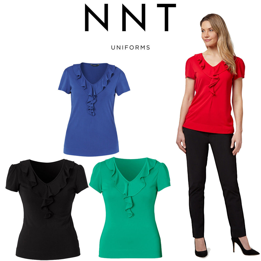Womens NNT Uniforms Ladies Short Sleeve T-Top Ruffle Neck Top Corporat ...