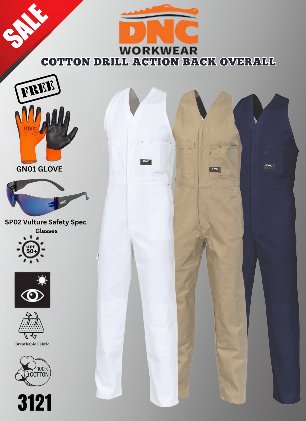 DNC Men Safety Cotton Drill Action Back Work Overall HW Free Glove Gla ...